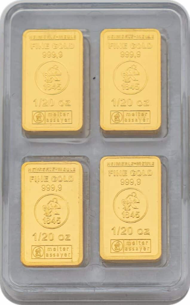 20 x 1/20 Unze Goldbarren Heimerle und Meule Unity Box online kaufen ...